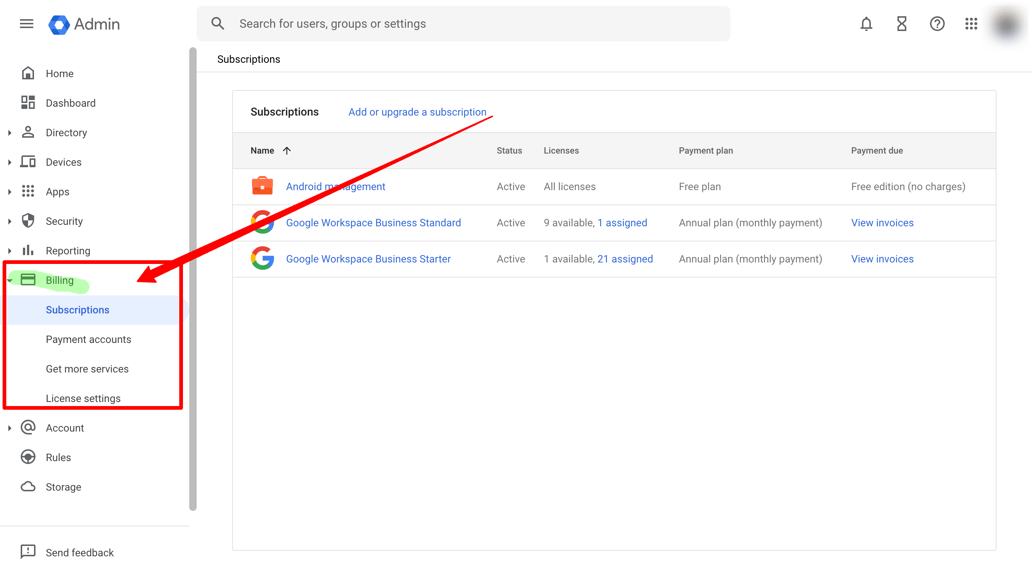 How do I access billing for Google Workspace?