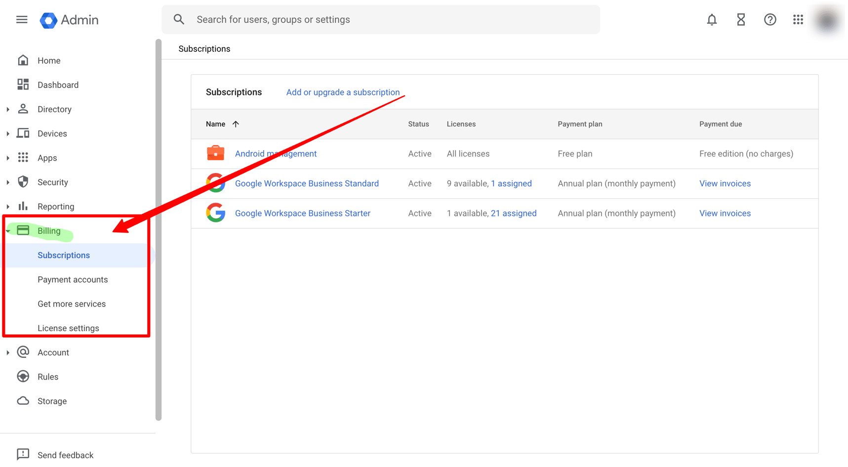 How do I access billing for Google Workspace?